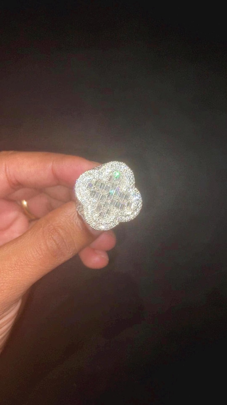 Iced Out Hip Hop Clover Ring, Iced BAGUETTE CLOVER RING, Silver Clover ...