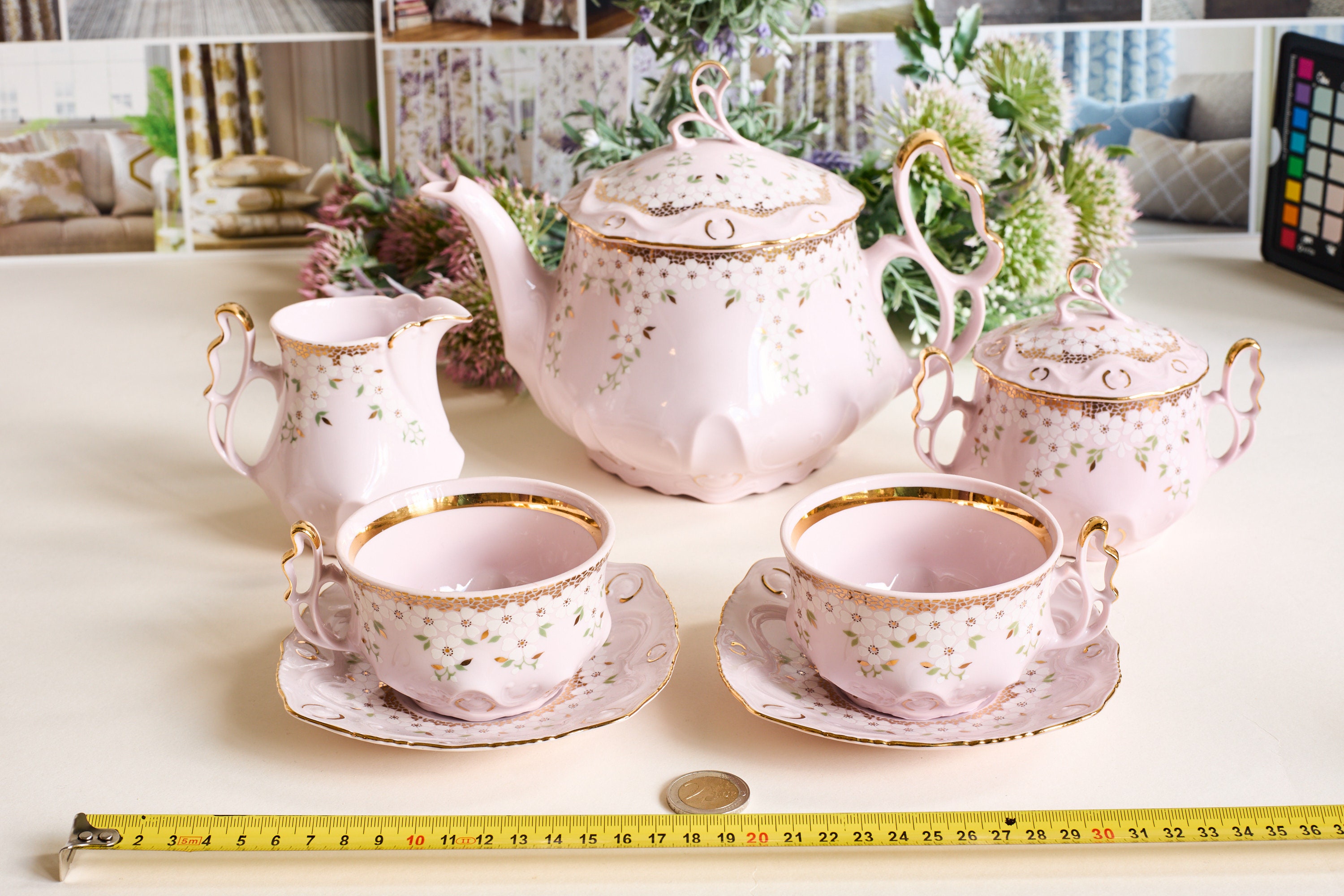 Vintage Pink Porcelain Tea and Cake Set White Flowers Painted With 24k ...