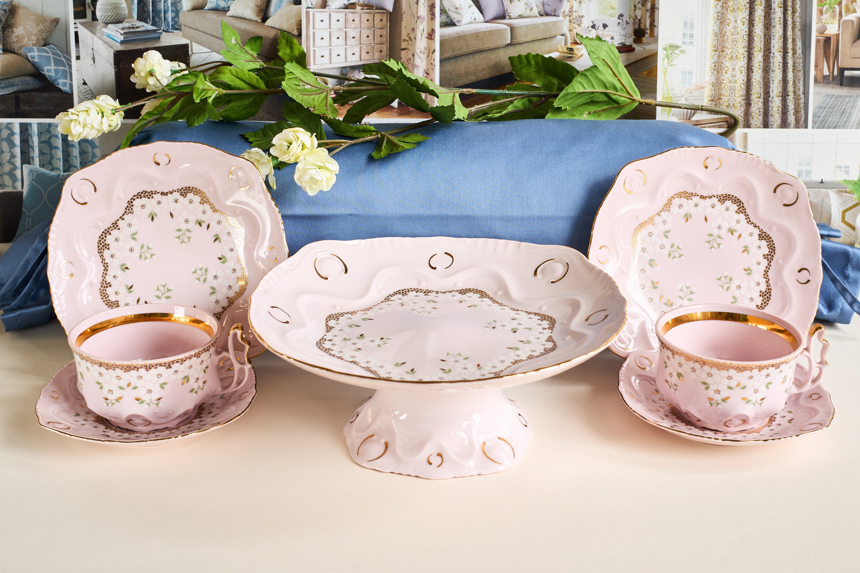 Pink Porcelain Tea Set for Two Floral, Painted With 24k Gold - Etsy