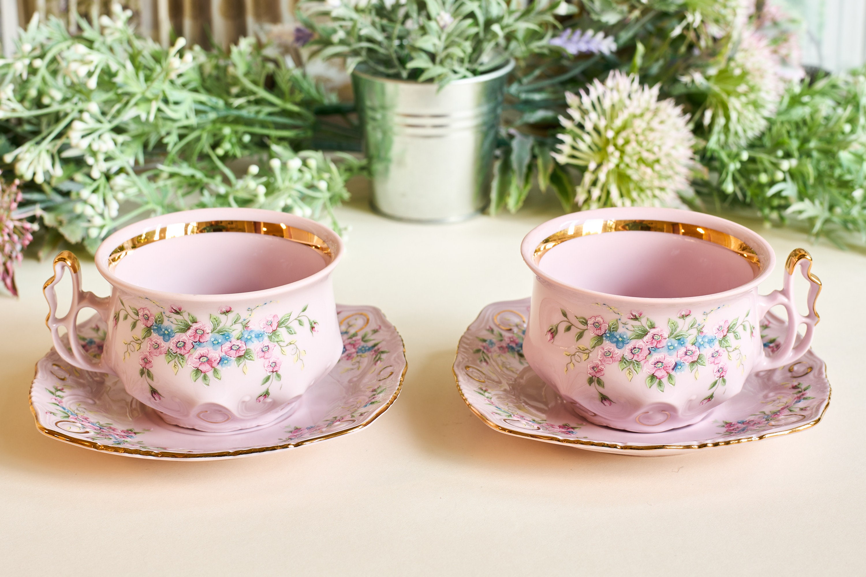 Pink Porcelain Tea Set for Two Flowers Painted With 24k Gold - Etsy