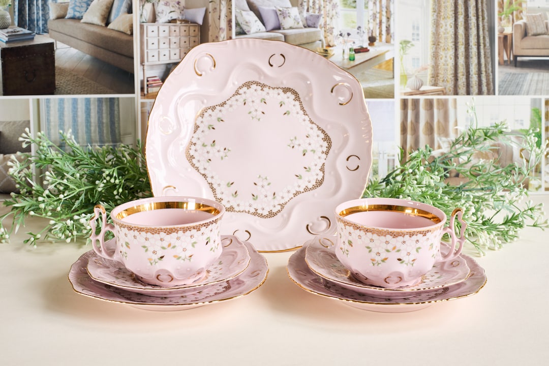 Pink Porcelain Tea Set for Two - Floral, Painted With 24k Gold - Etsy