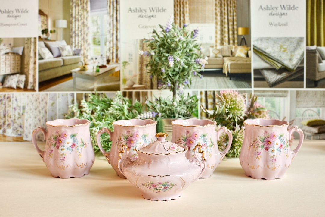 Vintage Pink Porcelain Tea Set for Two Beautiful Flowers, Painted With ...