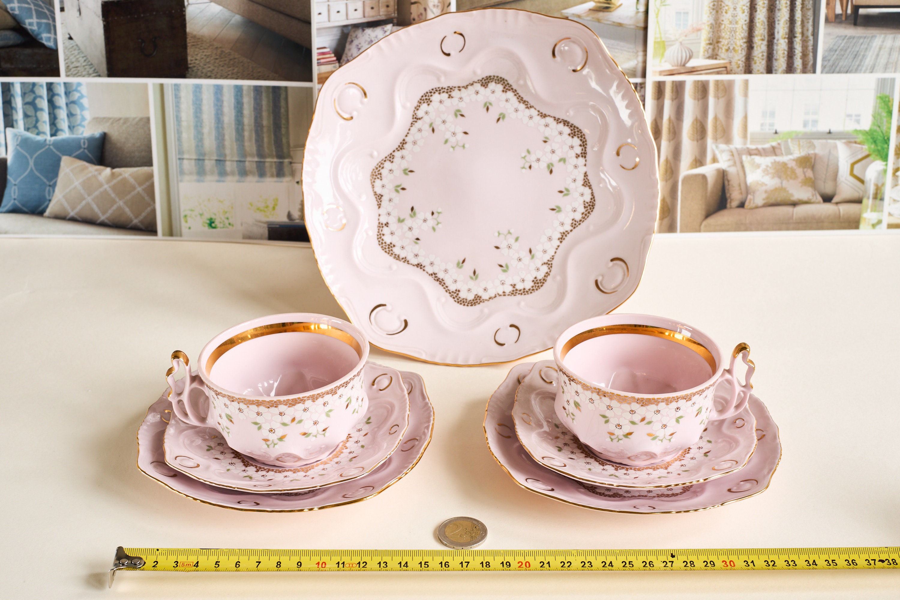 Pink Porcelain Tea Set for Two Floral, Painted With 24k Gold - Etsy