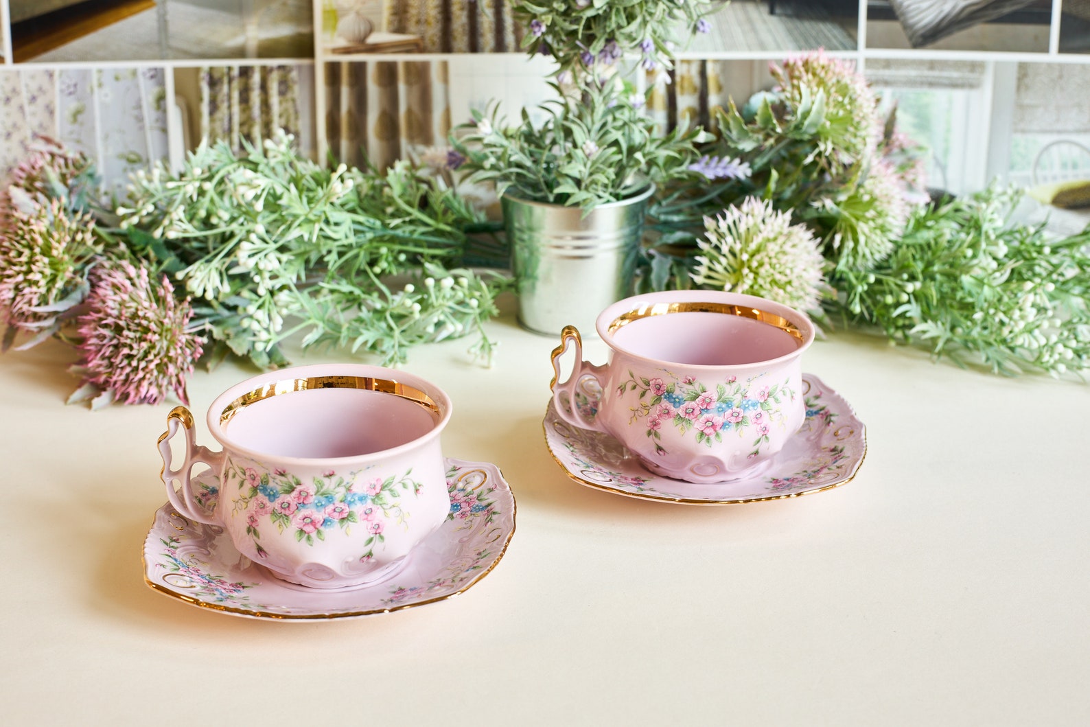 Pink Porcelain Tea Set for Two - Flowers Painted With 24k Gold - Etsy