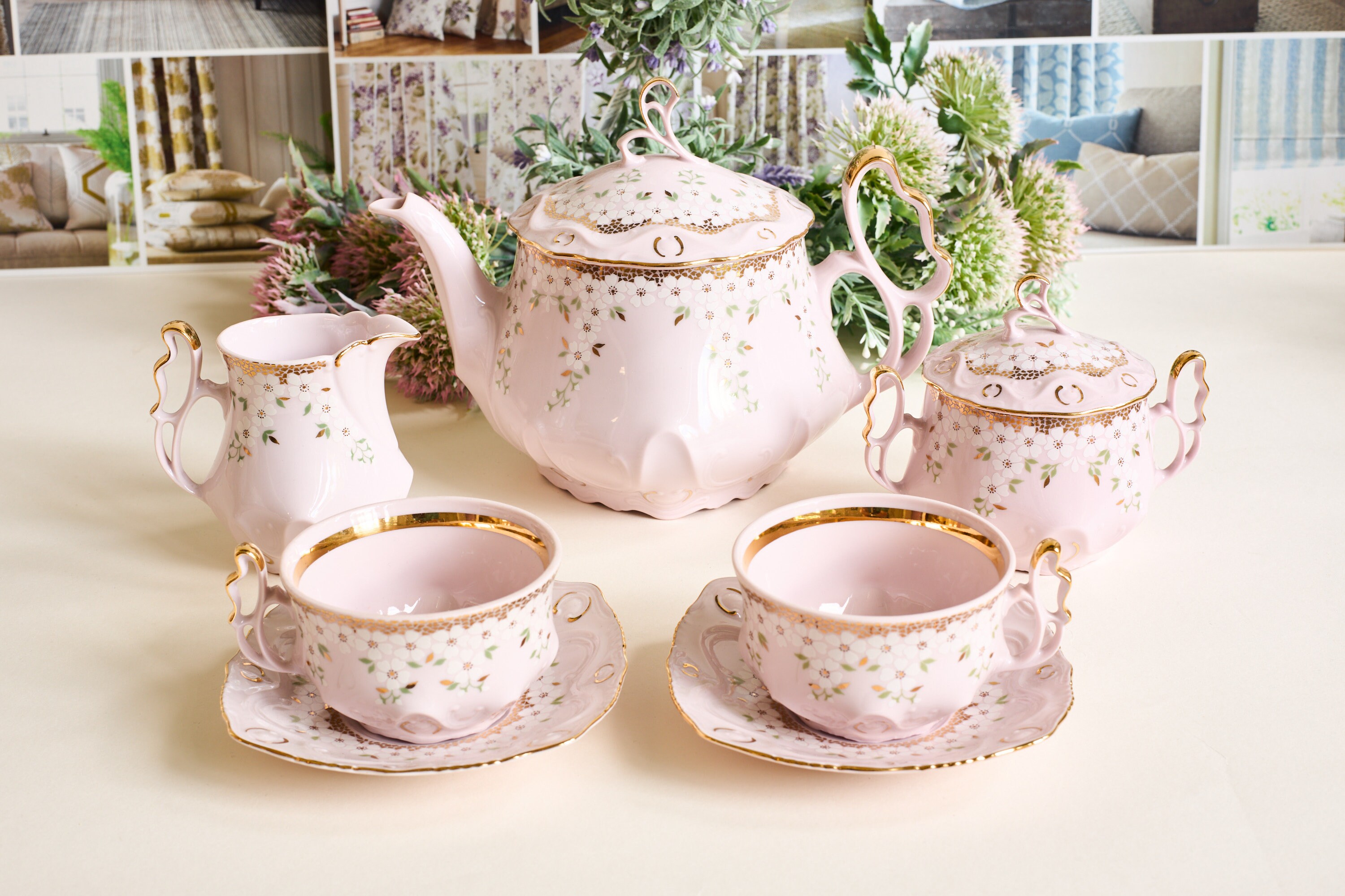 Vintage Pink Porcelain Tea and Cake Set White Flowers Painted With 24k ...