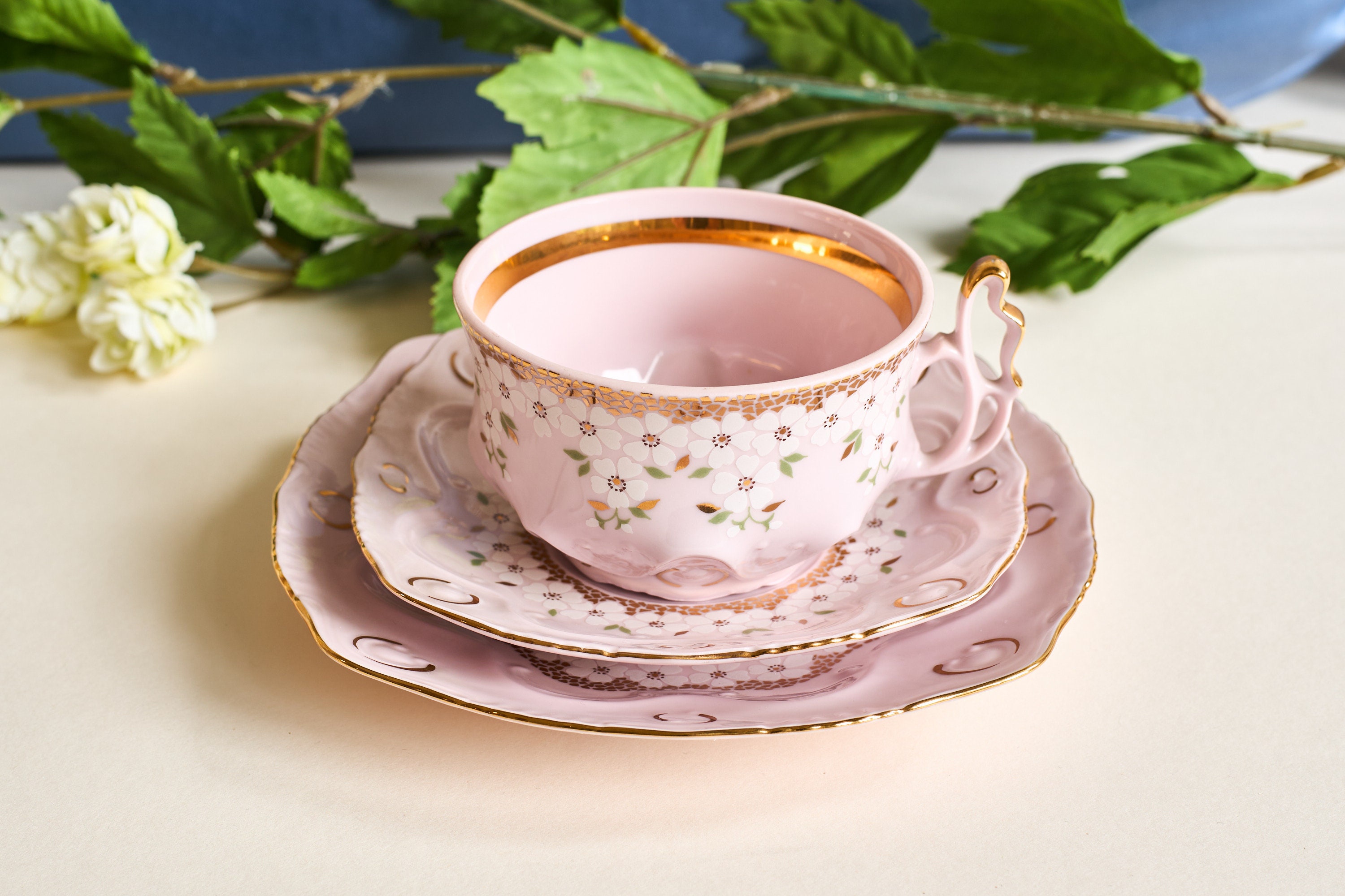 Pink Porcelain Tea Set for Two Floral, Painted With 24k Gold - Etsy