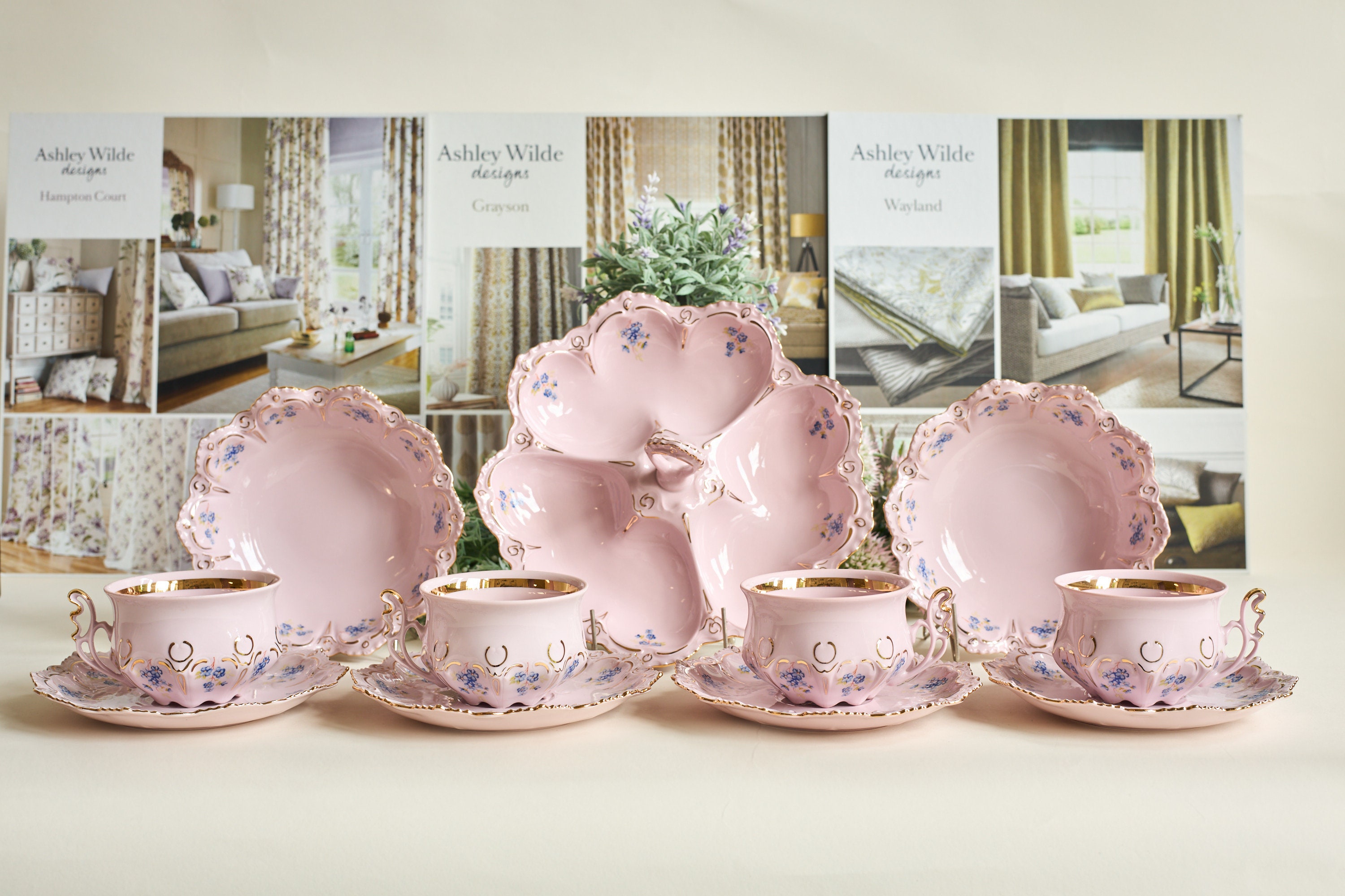 Pink Porcelain Tea and Bowl Set Blue Flowers, Hand Painted With 24k ...