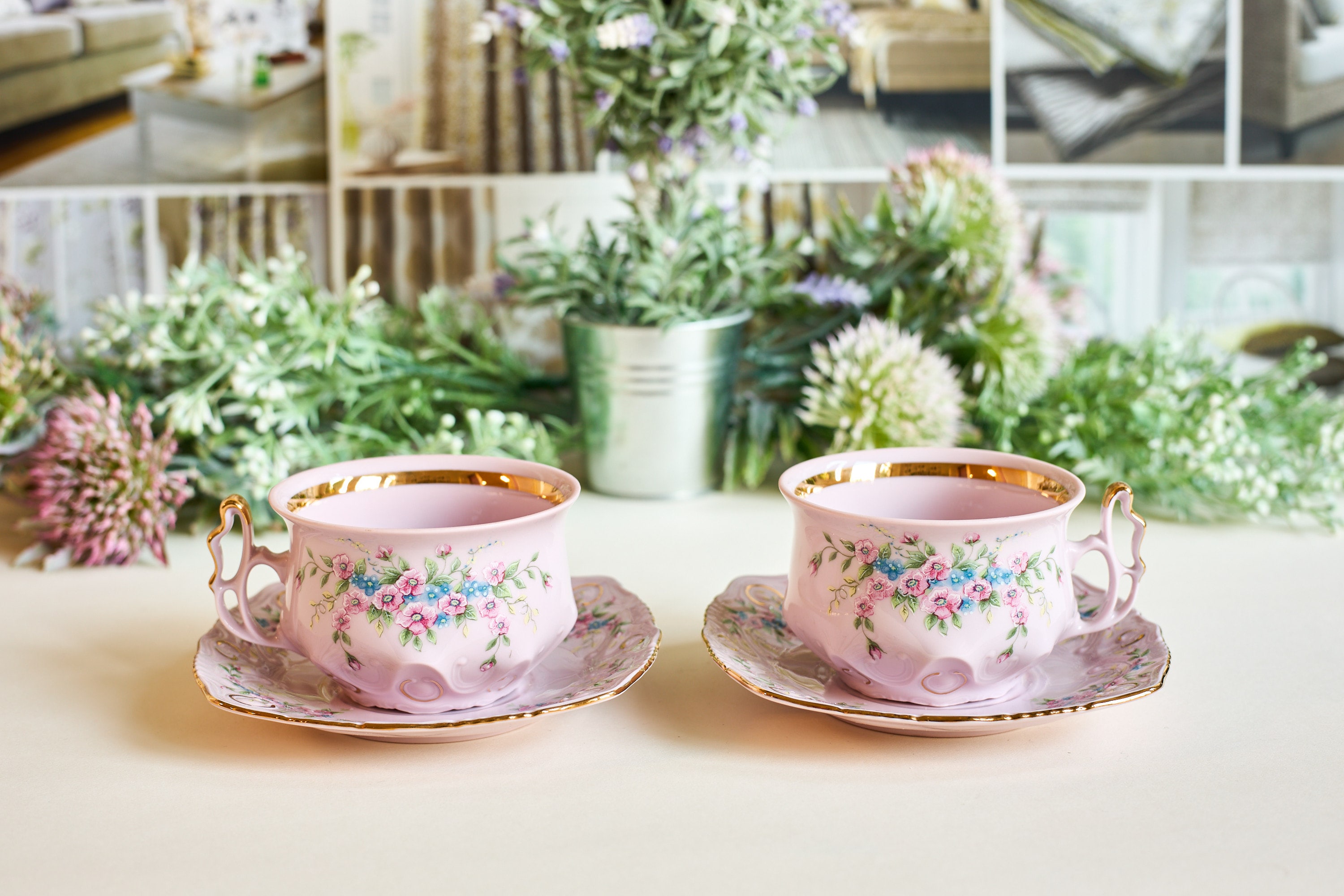 Pink Porcelain Tea Set for Two - Flowers Painted With 24k Gold - Etsy