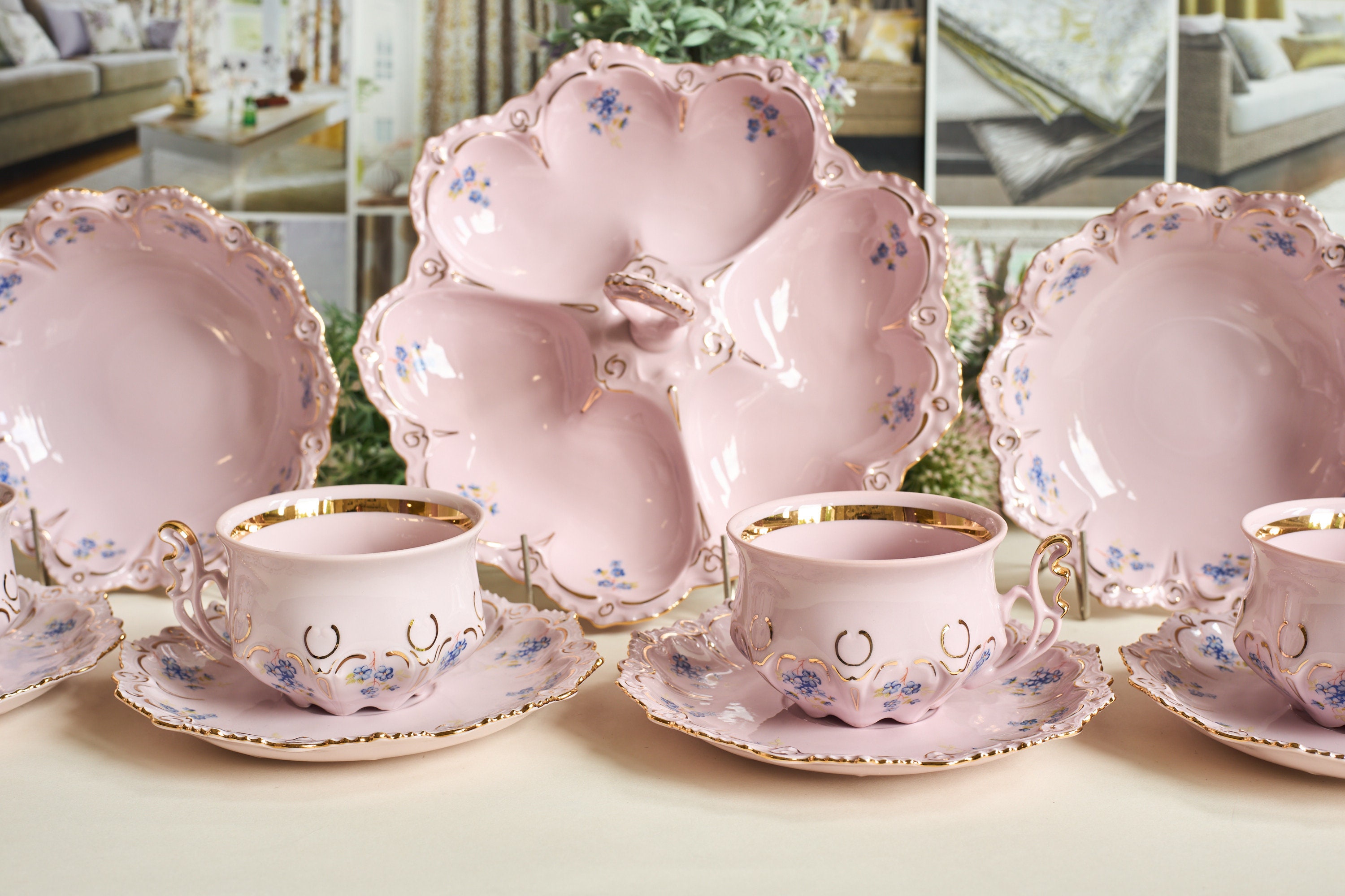 Pink Porcelain Tea and Bowl Set Blue Flowers, Hand Painted With 24k ...
