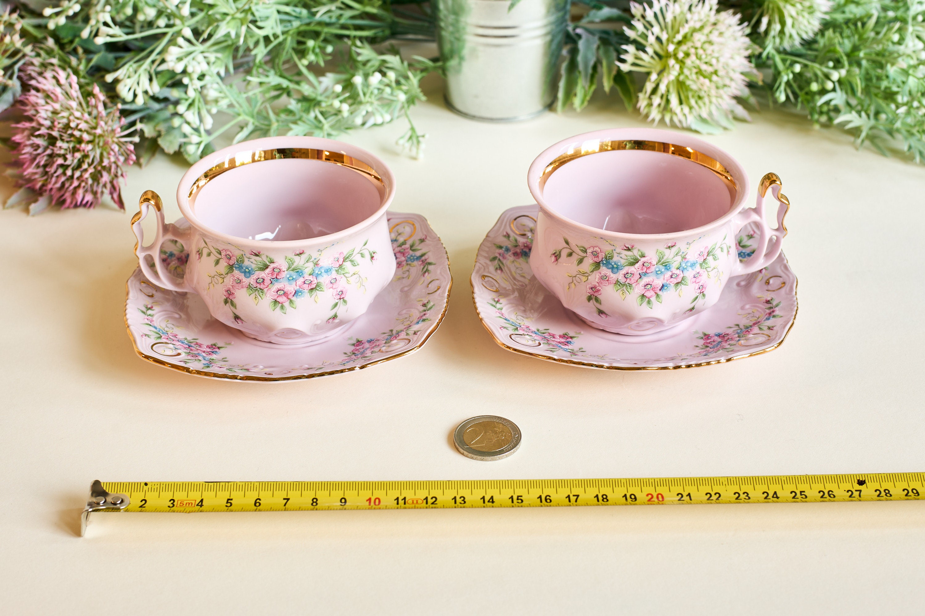 Pink Porcelain Tea Set for Two - Flowers Painted With 24k Gold - Etsy
