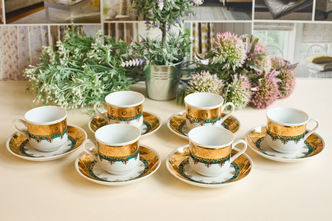 Vintage Porcelain Coffee or Tea Set, Green and Gold Decorating- Marked ...