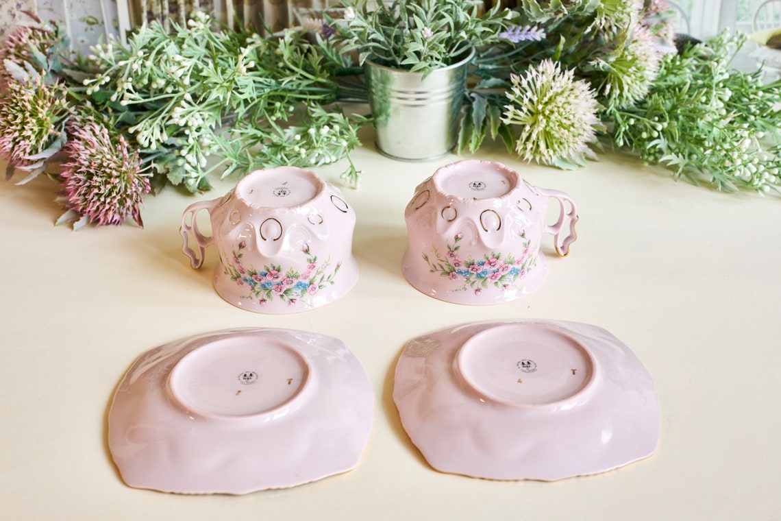 Pink Porcelain Tea Set for Two - Flowers Painted With 24k Gold - Etsy