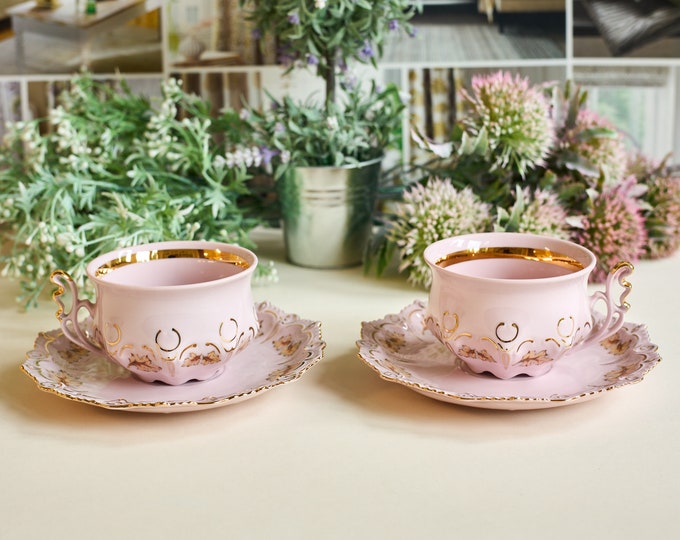 Pink Porcelain Tea Set for Two Oak Leaf, Brown Leaf, Painted With 24k ...