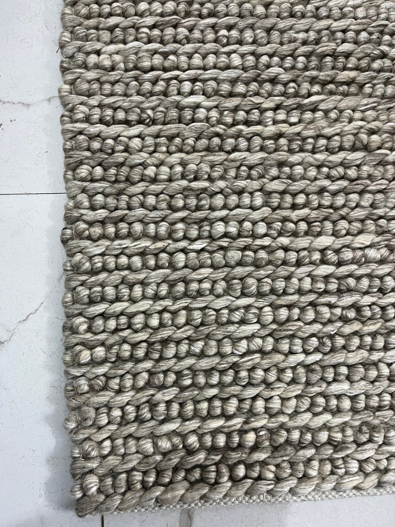 Handwoven Gray Chunky Loop Wool Rug Hand Knitted Plaid Rugs for Bedroom ...