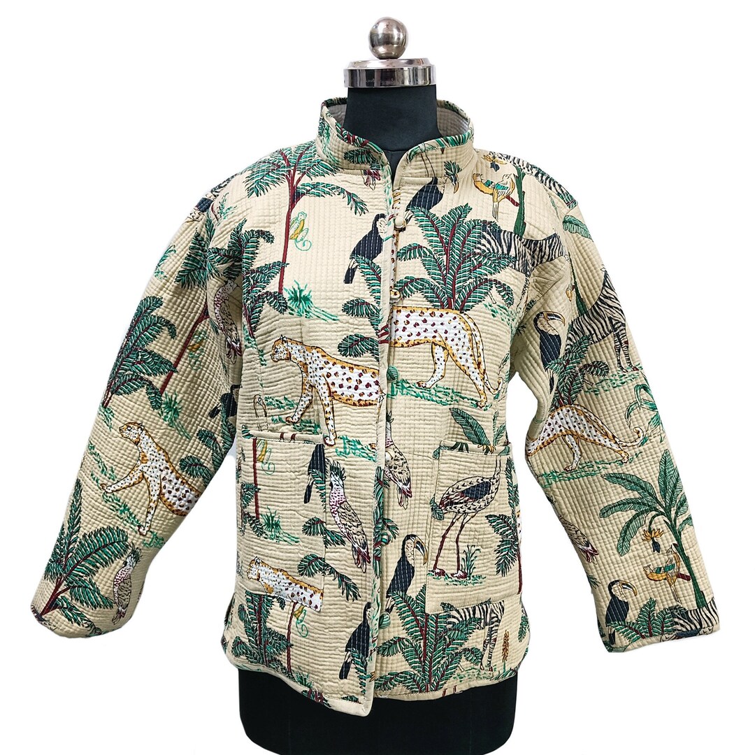 Hand Block Print Quilted Cotton Jacket: Boho Forest Animal Print - Etsy