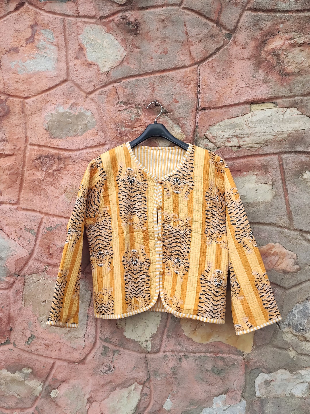 Hand Block Print Quilted Cotton Jacket: Tiger Stripe Boho Outerwear - Etsy