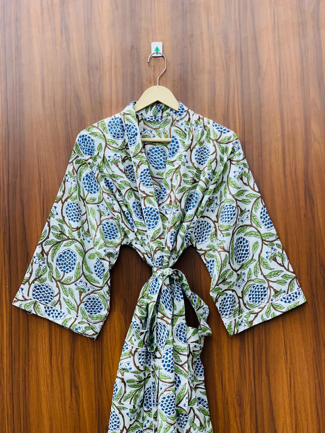 Blue & Green Cotton Kimono Robe: Palm Tree Print Boho Loungewear - Etsy