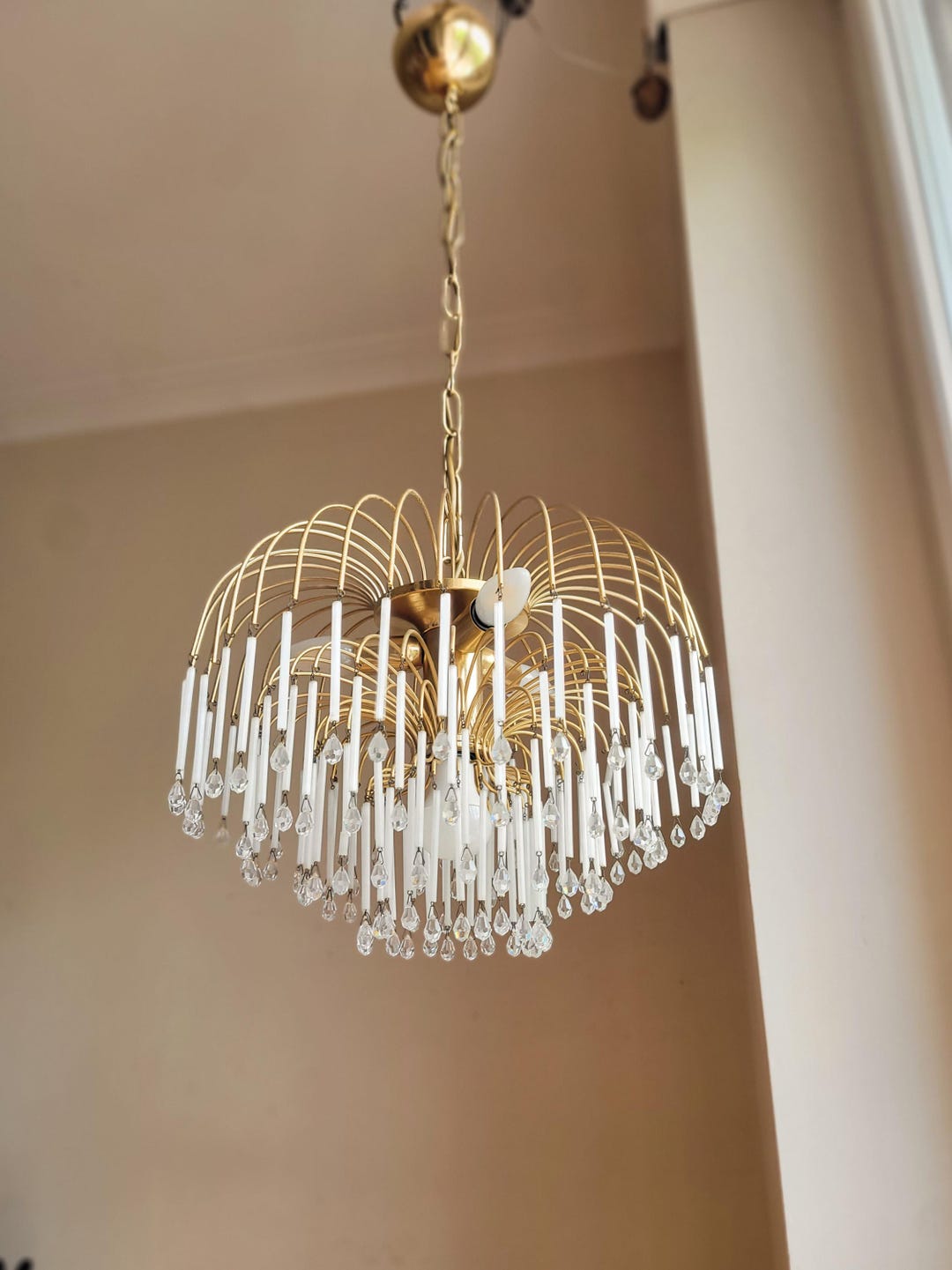 Mid Century Chandelier With Murano White Sticks and Crystal Drop ...