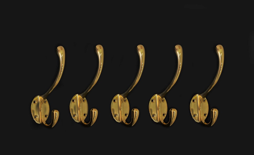 5 X Solid Brass Polished Classic Wall Hooks. Vintage Style Bathroom ...