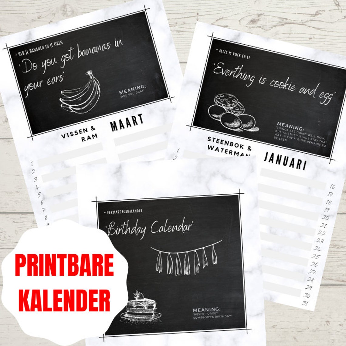 Printable Birthday Calendar Proverbs Dutch, Printable Birthday Calendar ...