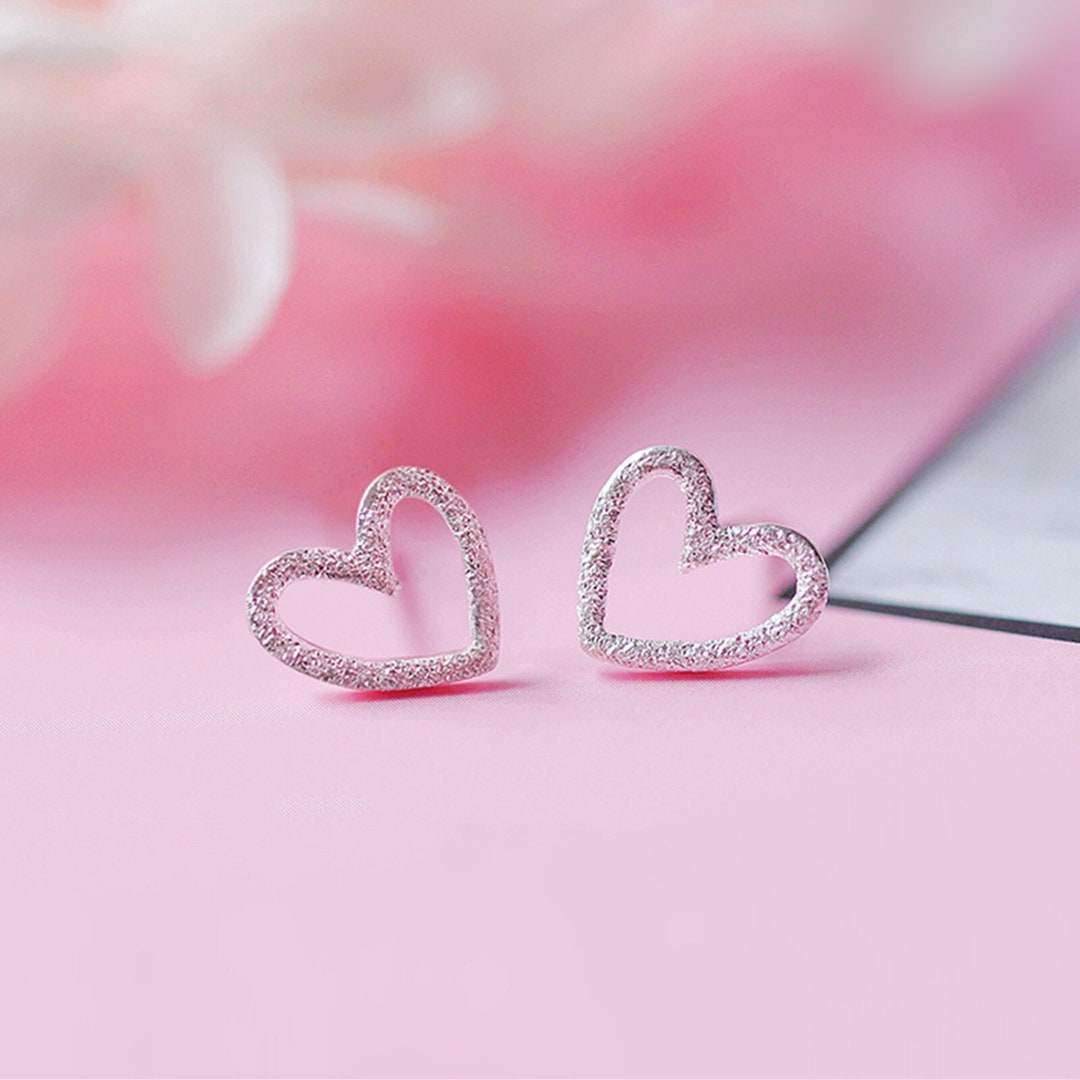Sterling Silver Glittering Sandblast Floating Love Heart Stud - Etsy