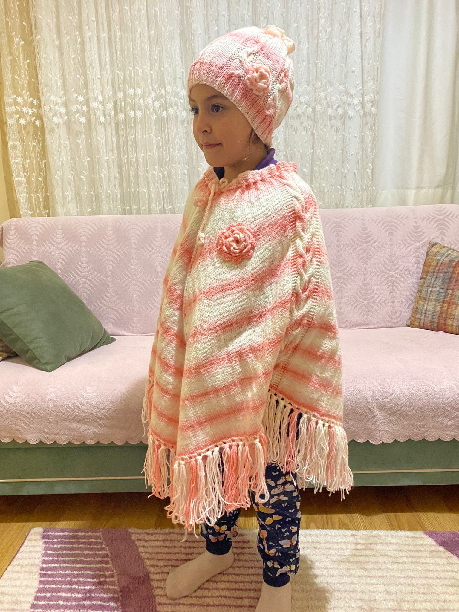Pink Crochet Poncho and Hat for Kids, Pink Knitted Poncho and Hat ...