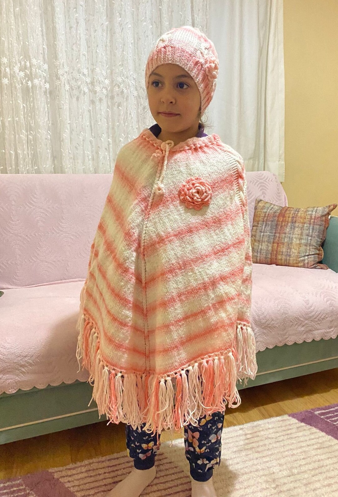 Pink Crochet Poncho and Hat for Kids, Pink Knitted Poncho and Hat ...