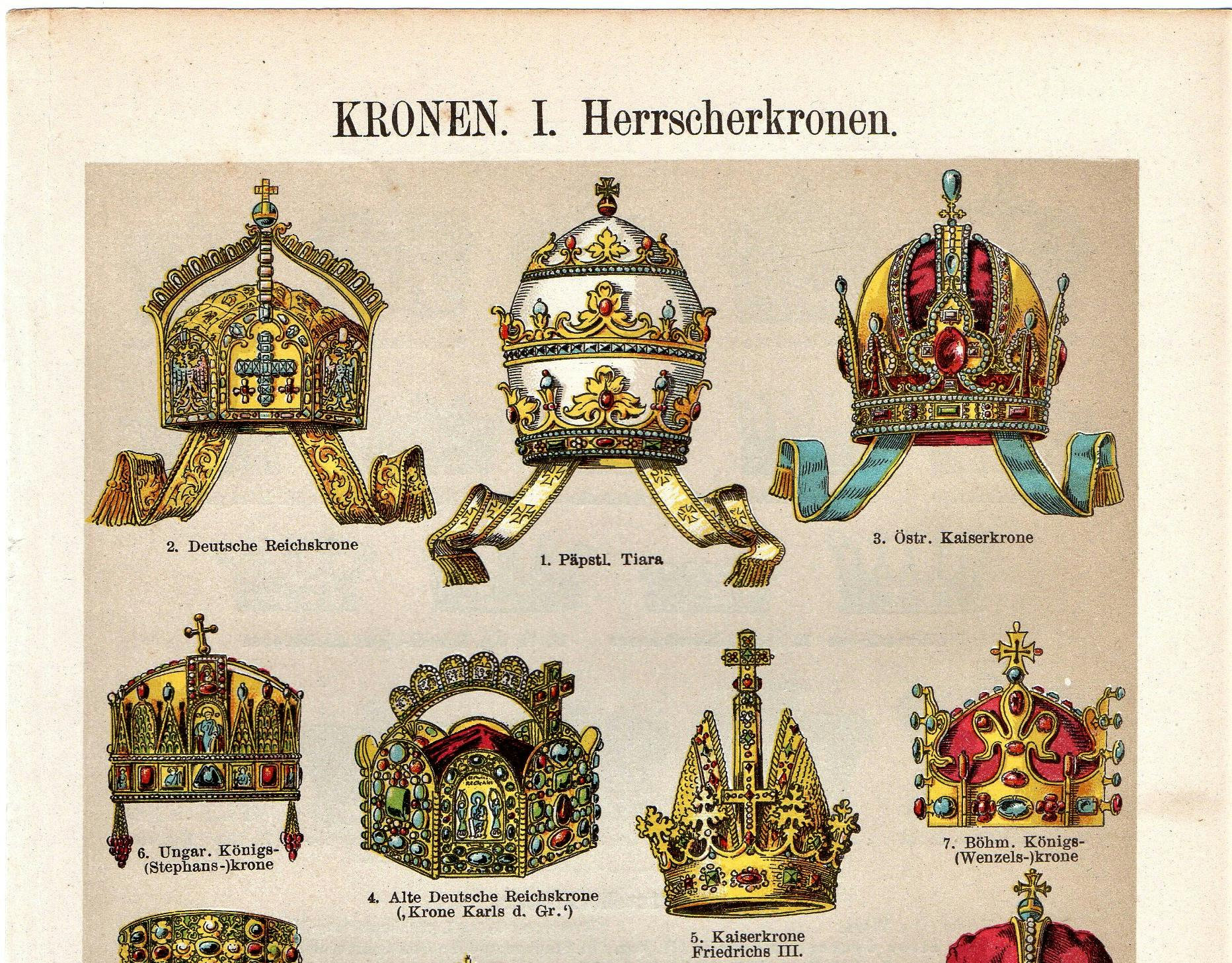 1902 Antique Original Lithograph Crowns Old Color Lithograph ...