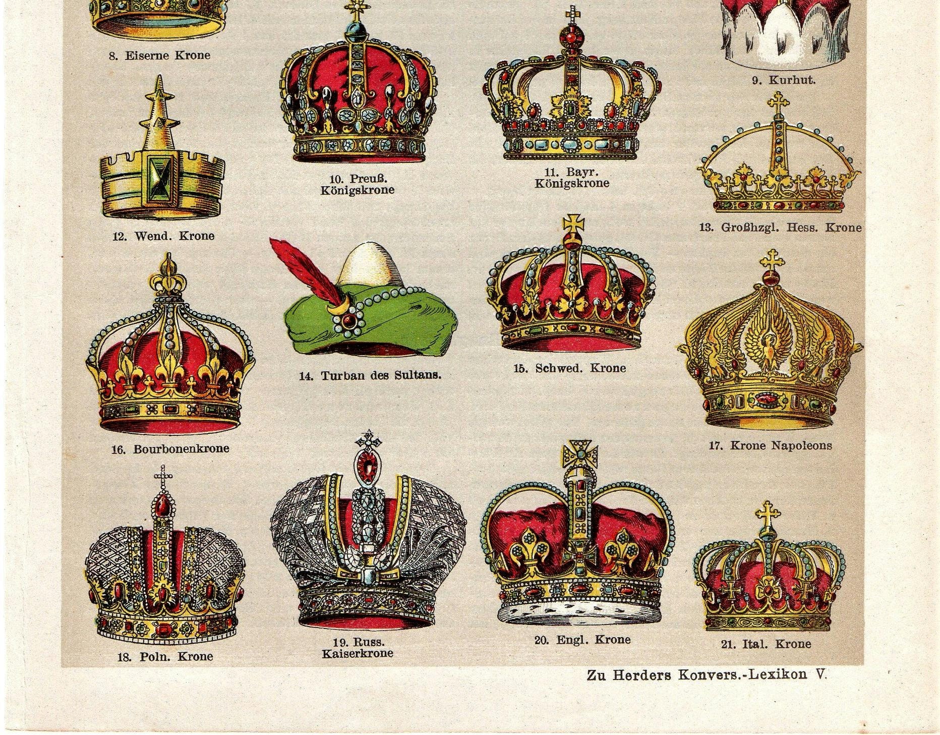 1902 Antique Original Lithograph Crowns Old Color Lithograph ...