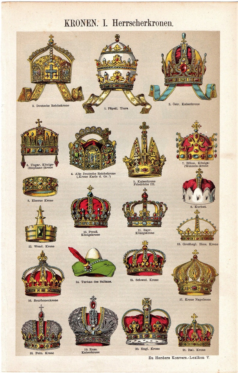 1902 Antique Original Lithograph Crowns Old Color Lithograph ...