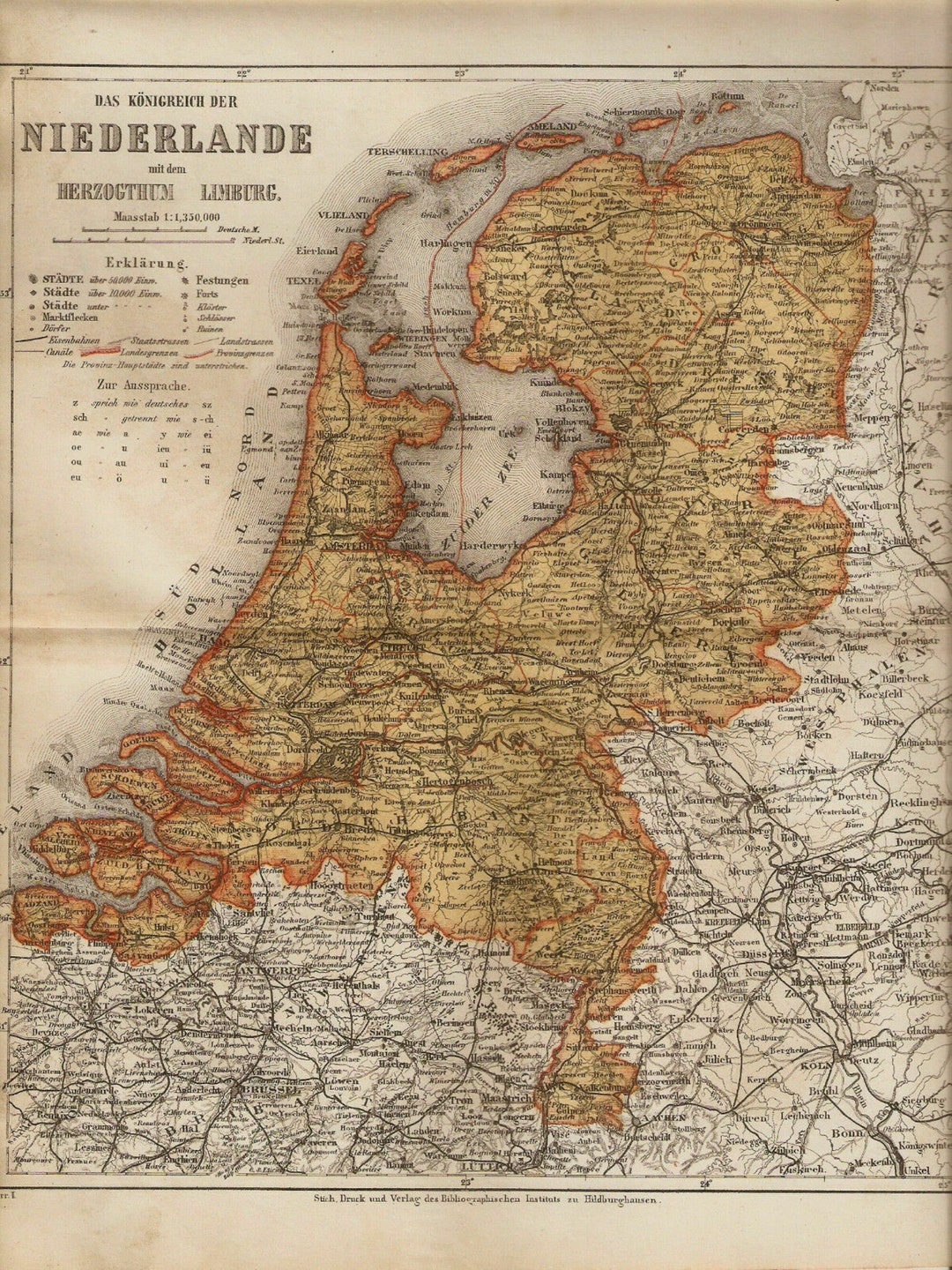 Original Old Map From 1867 Netherlands, the Kingdom of the Netherlands ...