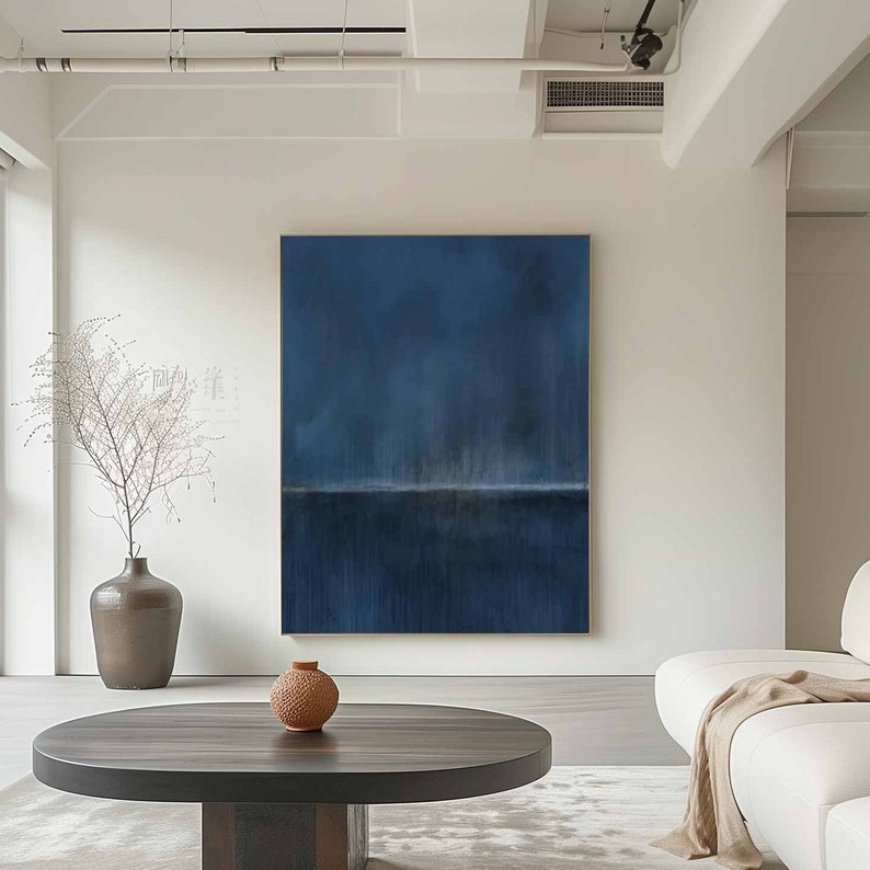 Deep Blue Misty Landscape Wall Art Atmospheric Abstract Canvas Painting ...