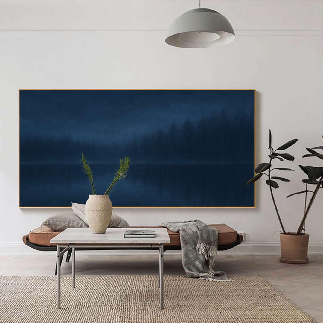 Deep Blue Silent Lake Forest Painting, Moody Atmospheric Landscape Wall ...