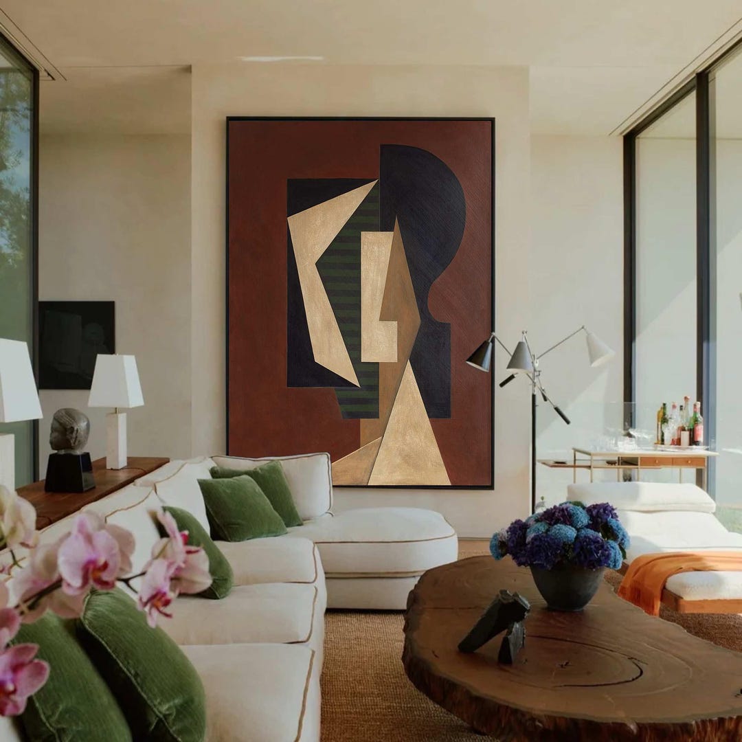 Red Abstract Portrait Wall Art Woman Face Painting Cubist Geometric ...