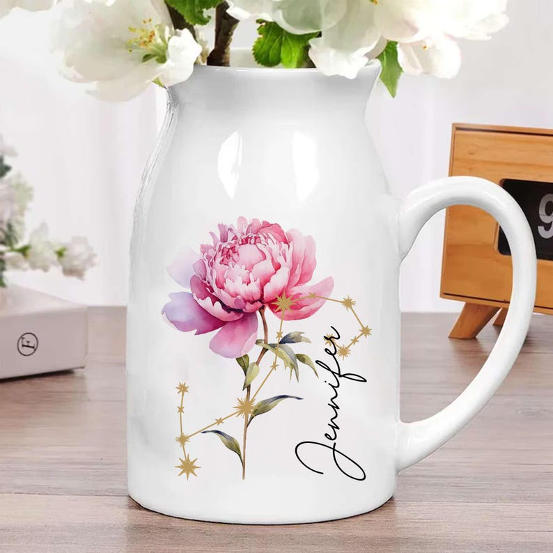 Personalized Birth Flower Vase, Flower Zodiac Sign Vase, Friend ...