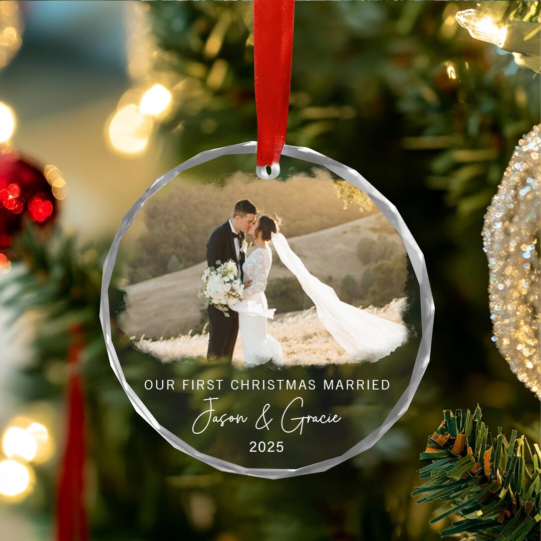 Personalized Photo Engaged Valentine Glass Ornament, Custom Married ...