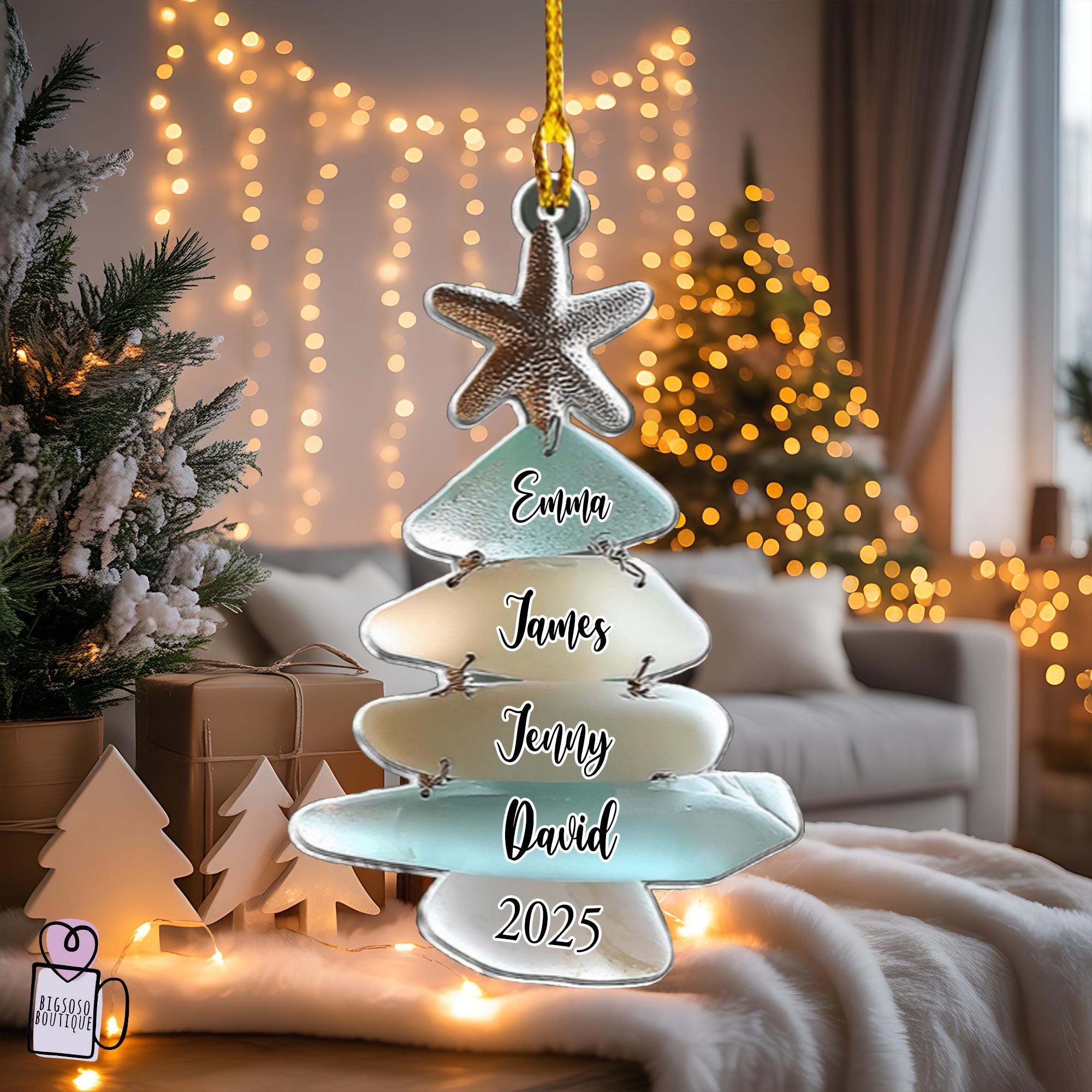 Personalized Sea Glass Family Tree 2D Flat Ornament, Big Family Name ...