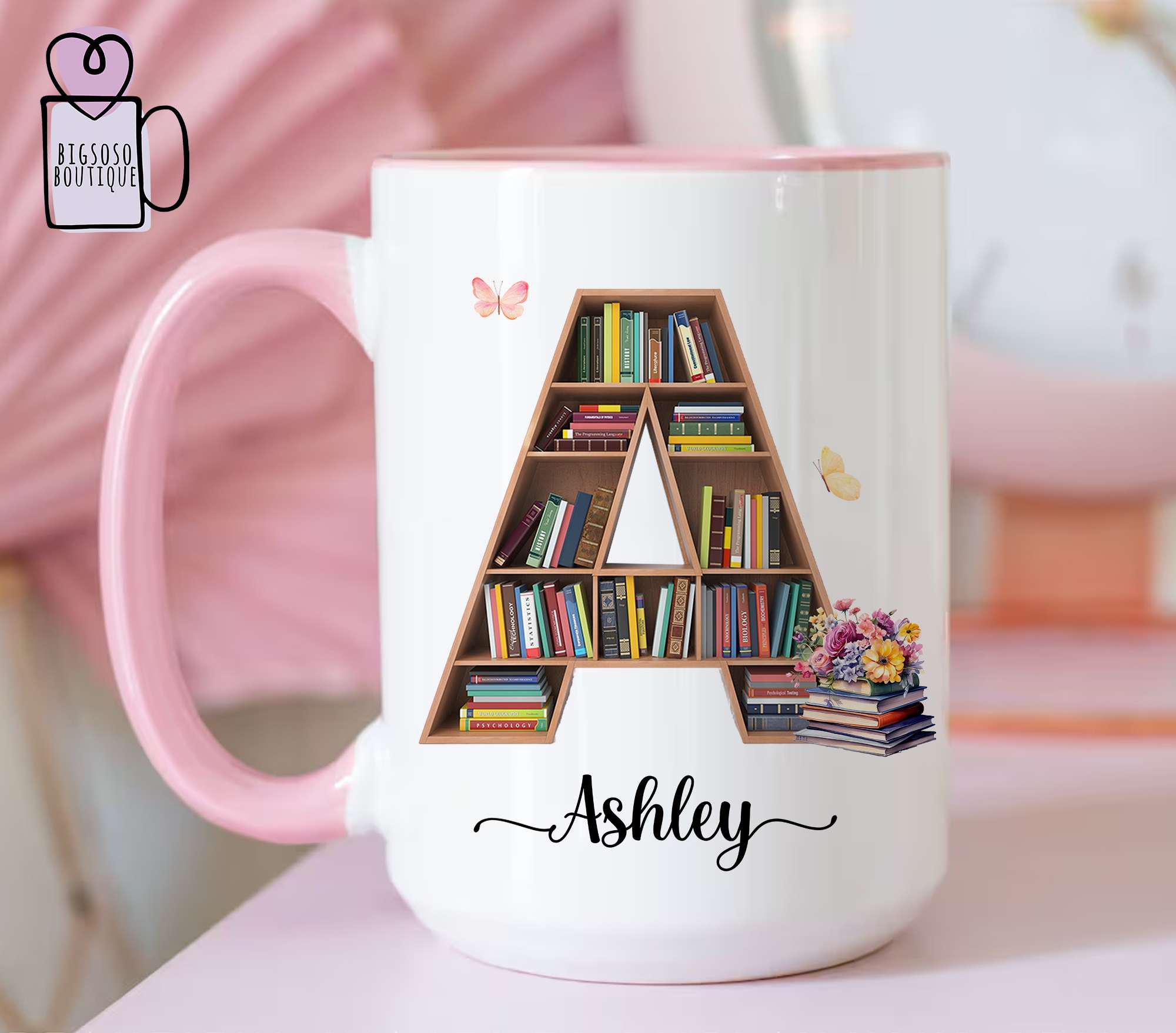 Personalized Book Mug, Bookshelf Alphabet Letters Coffee Mug, Custom ...