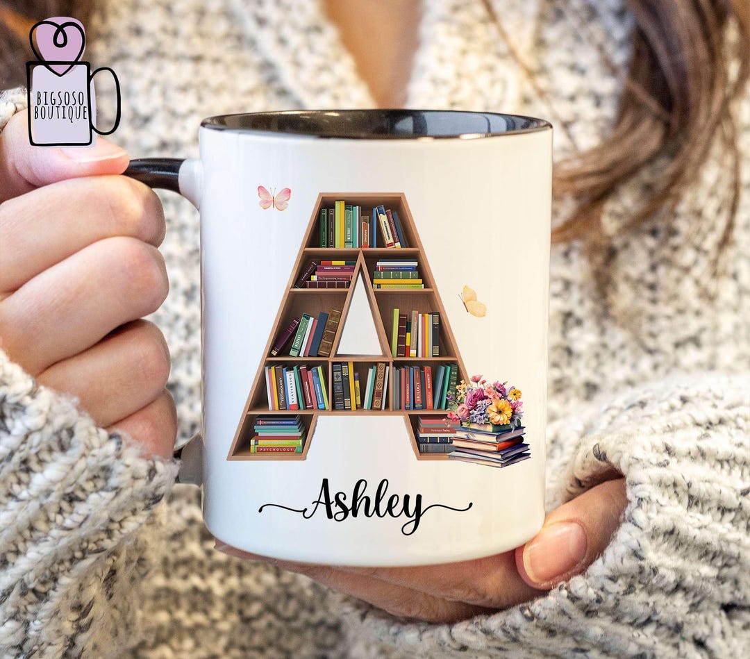 Personalized Book Mug, Bookshelf Alphabet Letters Coffee Mug, Custom ...