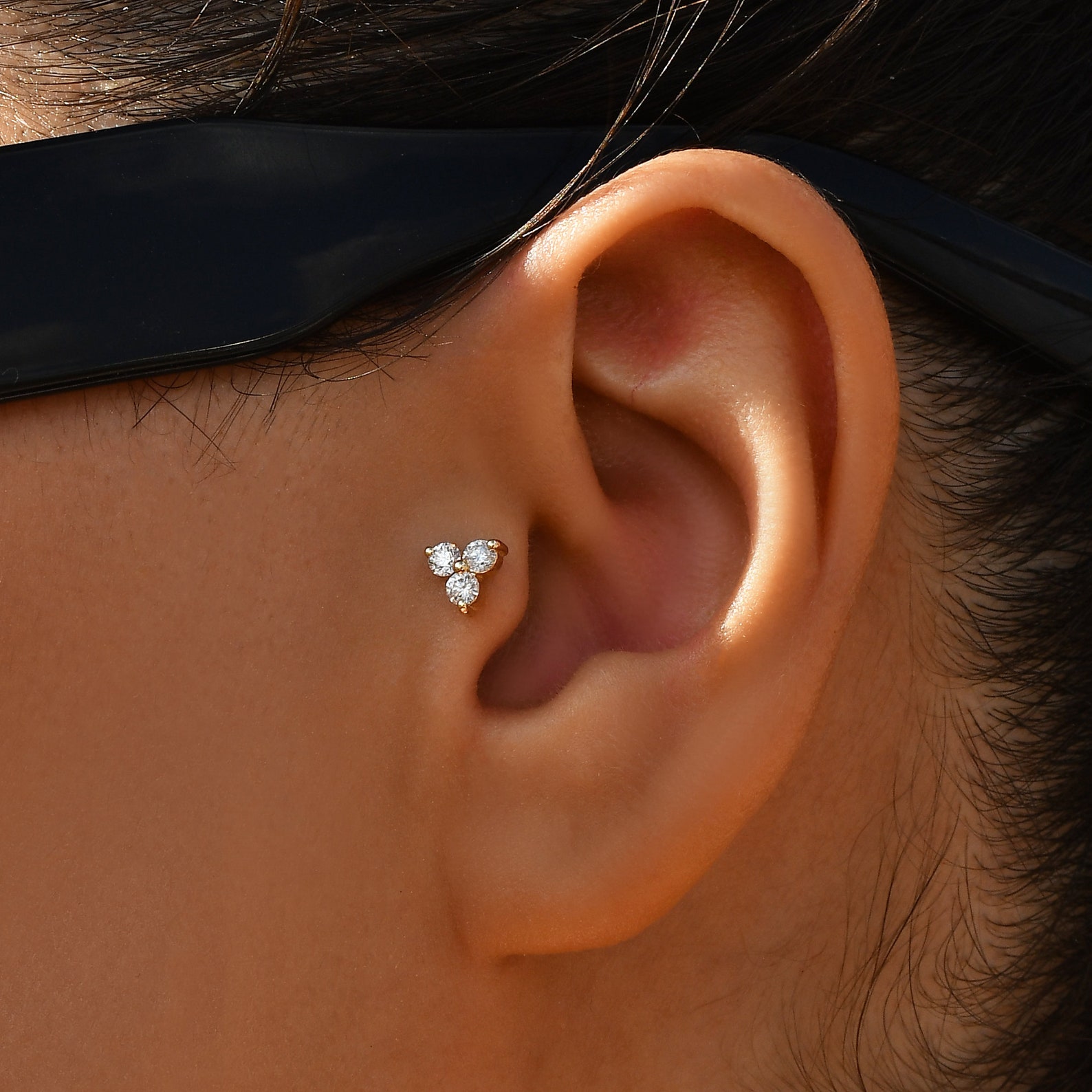 Dainty Triple Diamond Earring Everyday 14K Solid Gold Diamond - Etsy