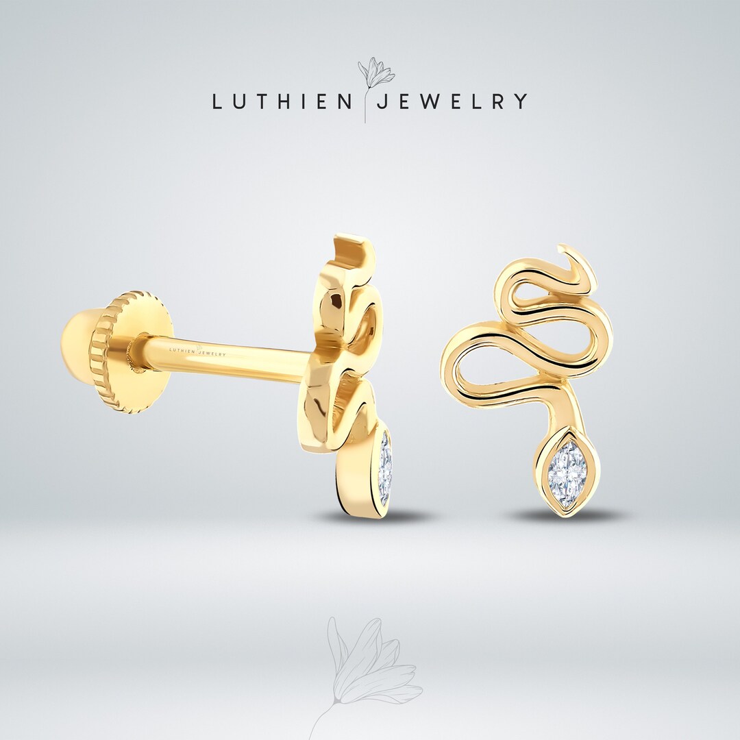 Everyday 14K Solid Gold Snake Design Helix Screw Back Earring, Marquise ...