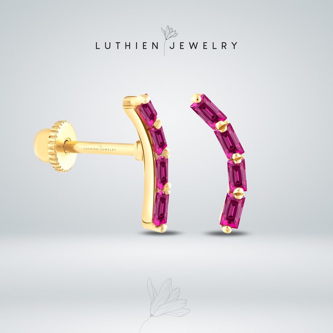 Stylish Baguette Ruby Piercing Genuine Gold Helix Earring - Etsy