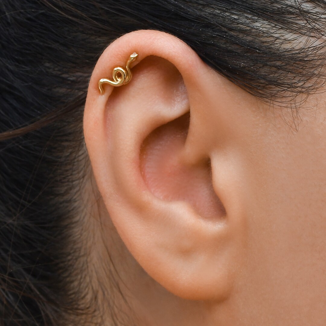 14K Solid Gold Snake Stud Earrings, Flat Back Snake Tragus Earring ...