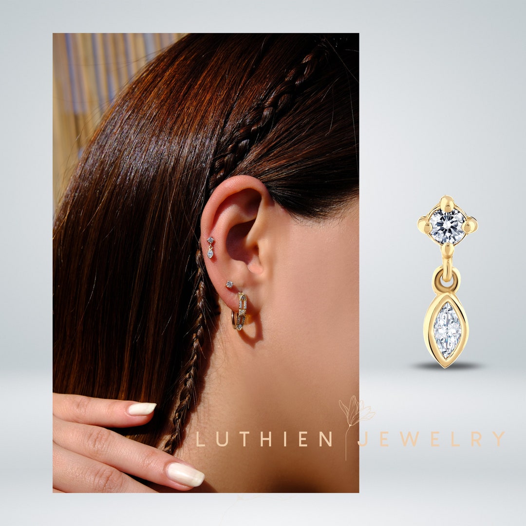 Dainty Genuine Diamond Cartilage Earrings, 14K Solid Gold Dangle Tragus ...