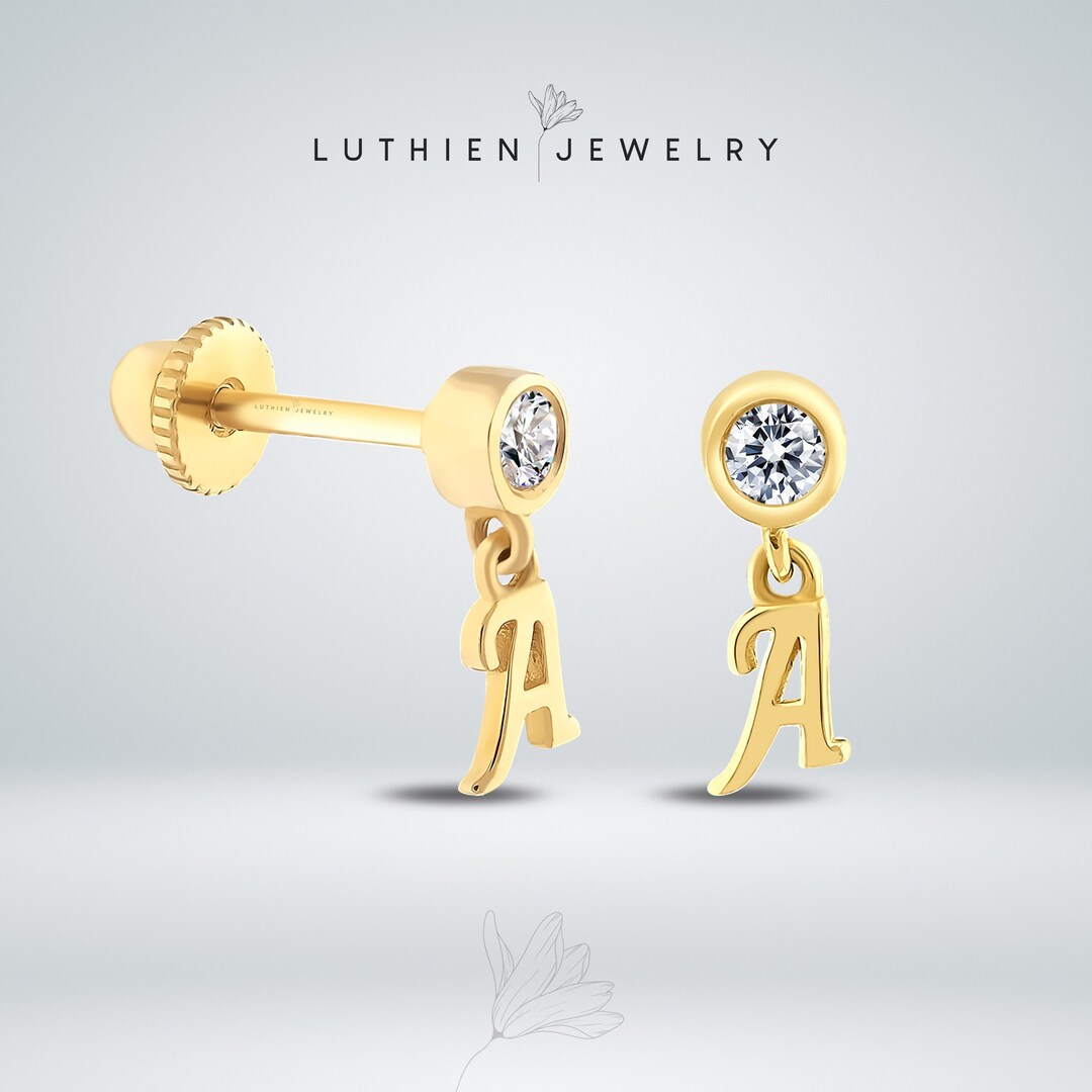 Initial Letter Dangle Earrings, 14K Solid Gold Alphabet Helix Stud ...