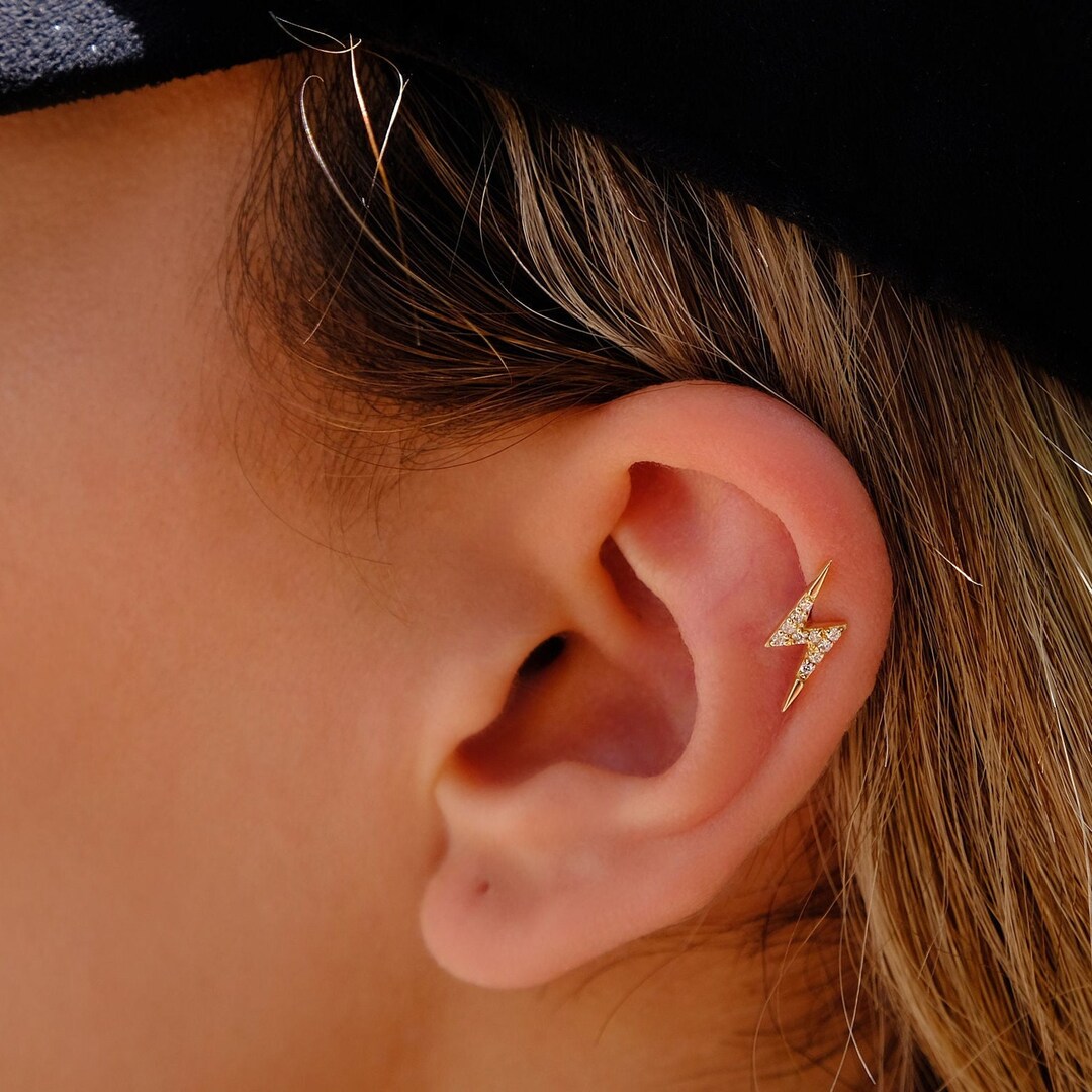 14K Solid Gold Tiny Lightning Cartilage Earrings Design Gold - Etsy
