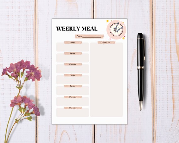 White & Pink Elegant Weekly Meal Planner Weekly Diet | Etsy