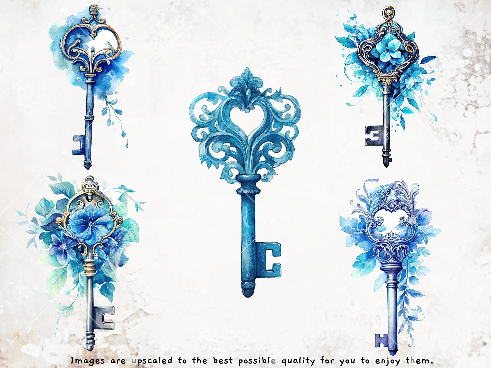 Watercolor Blue Key Clipart: Fairytale Wedding Invitation Graphics ...