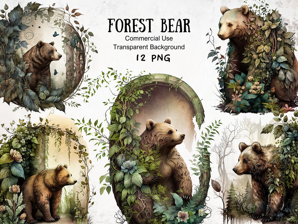 Forest Bear Watercolor Clipart, Enchanted Bears PNG, Nature Themed ...