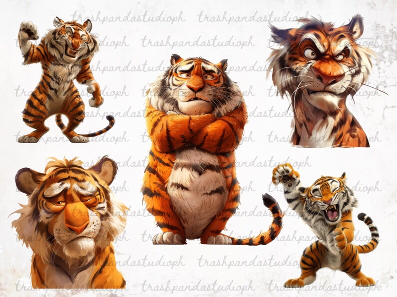 Quirky Wild Tigers Clipart Bundle, Funny and Humorous Fierce Tiger PNG ...
